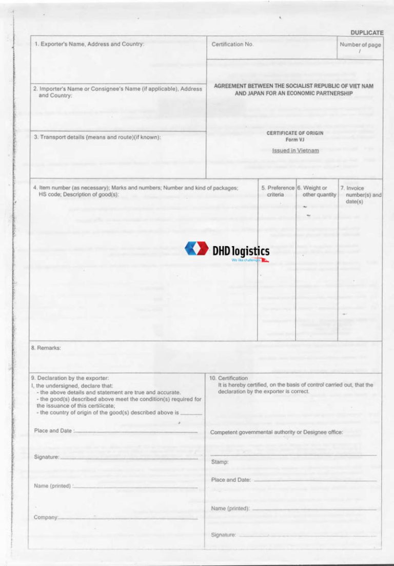 CO Form VJ là gì? Hướng dẫn kê khai mẫu CO Form VJ - DHD Logistics